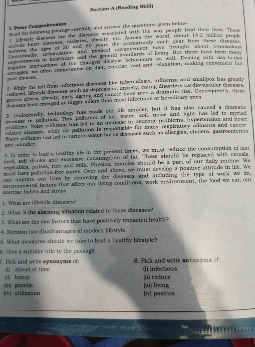 Section-A (Reading Ski11) 1. Prose Comprehension: Read the following pass..