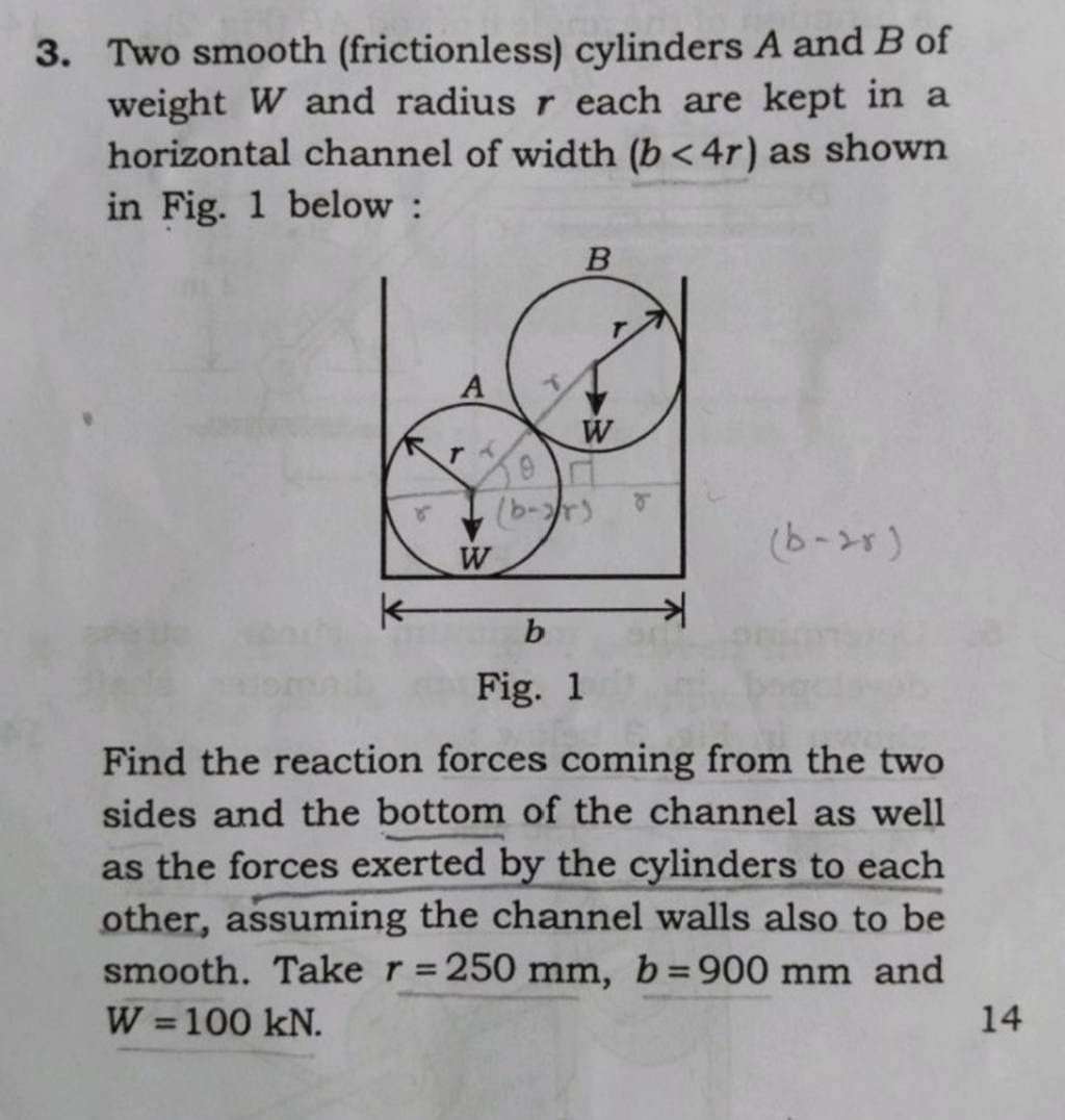 3. Two smooth (frictionless) cylinders A and B of weight W and radius r e..