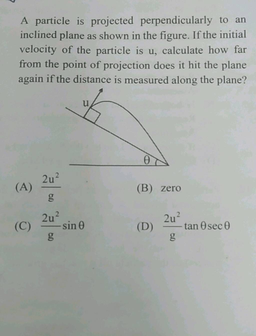 A particle is projected perpendicularly to an inclined plane as shown in