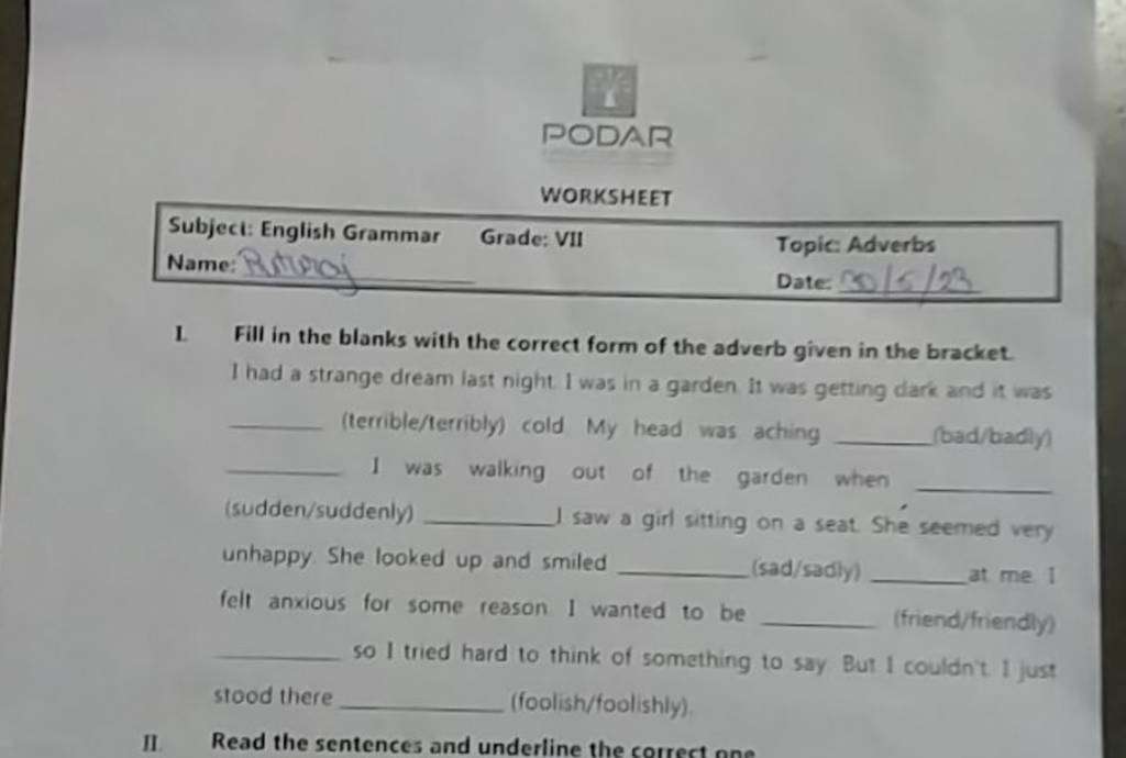 WORKSHEET $\begin{array}{l}\text { Subjeci: English Grammar Grade: VII }\..