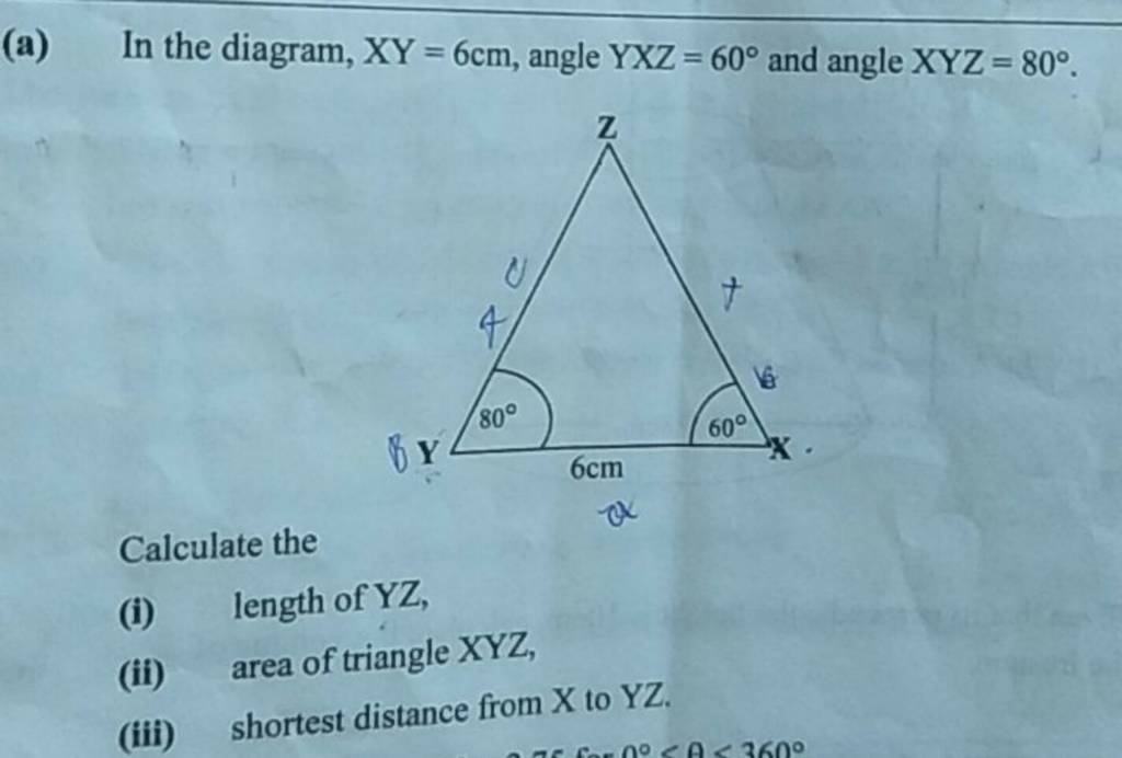 (a) In the diagram, XY=6 cm, angle YXZ=60∘ and angle XYZ=80∘. | Filo