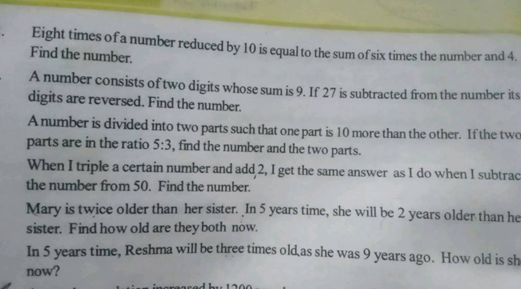 Eight times of a number reduced by 10 is equal to the sum of six times th..