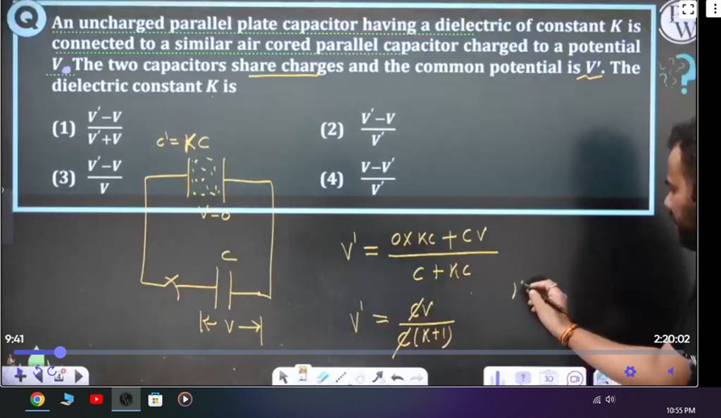 An uncharged parallel plate capacitor having a dielectric of constant K i..