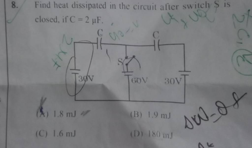 Find heat dissipated in the circuit after switch S is closed, if C=2μF...
