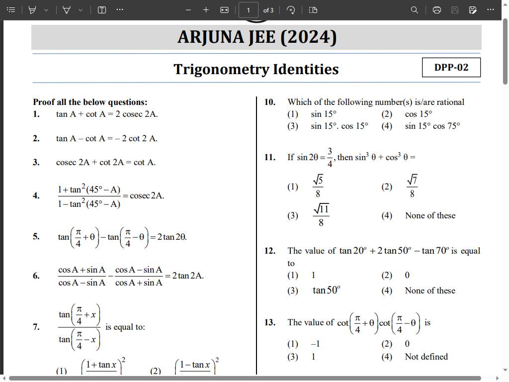 ARJUNA JEE (2024) Trigonometry Identities DPP-02 Proof all the below ques..