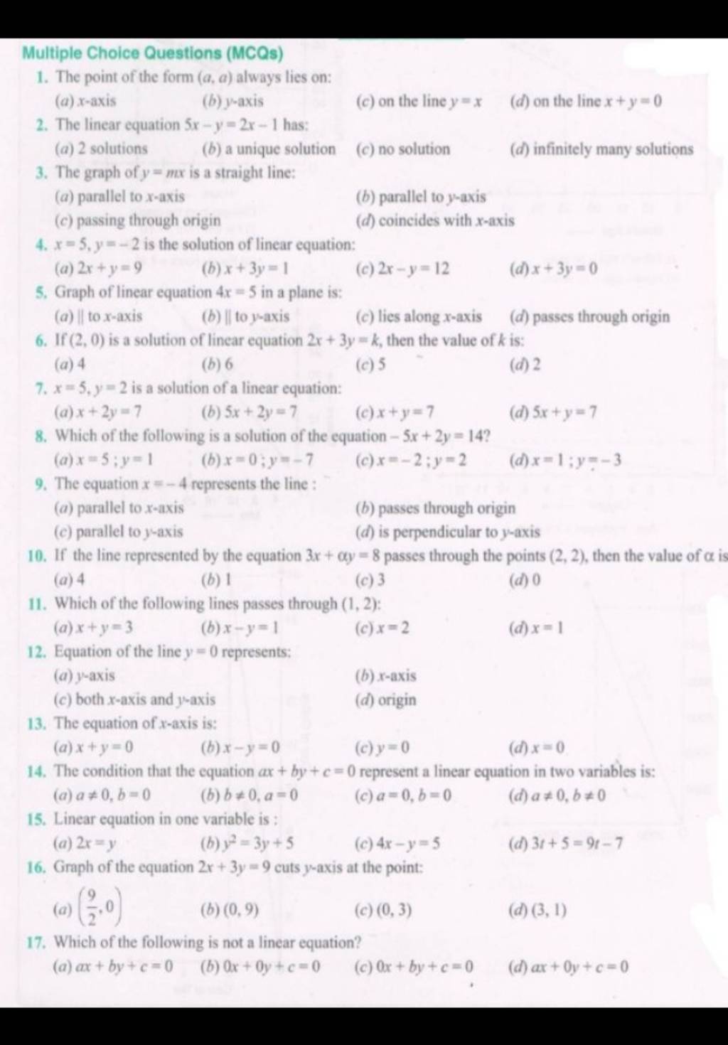Multiple Choice Questions (MCQs) 1. The point of the form (a,a) always li..