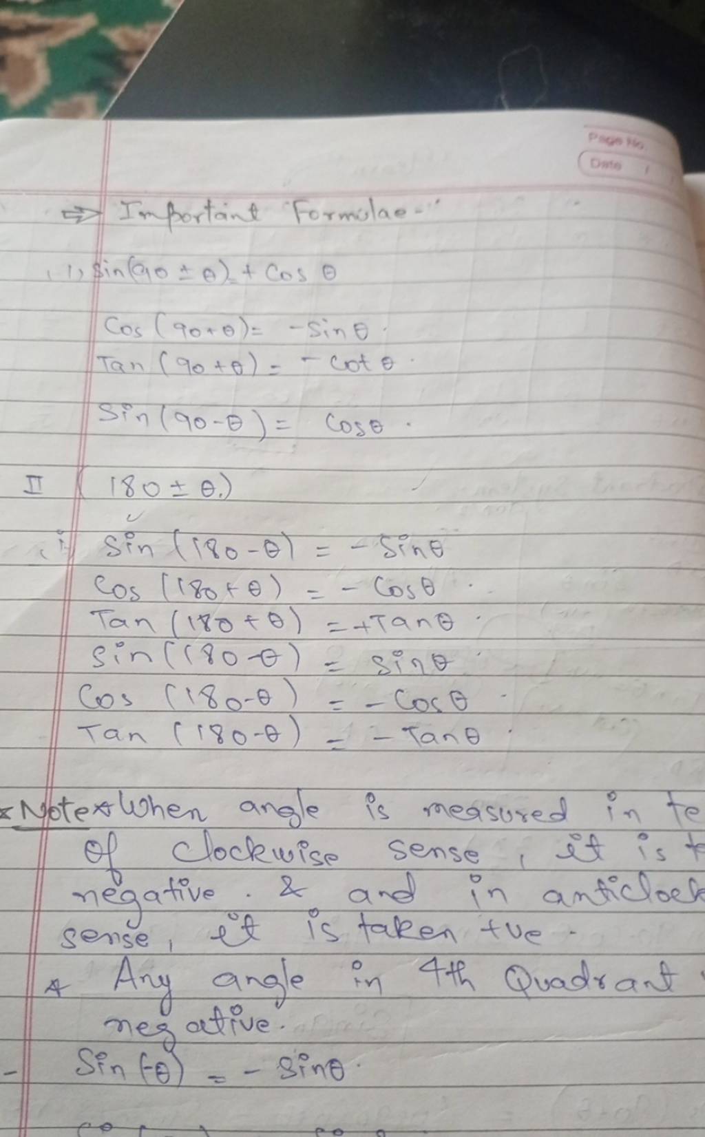 ⇒ Important formulae. 11) sin(90±θ)+cosθcos(90+θ)=−sinθtan(90+θ)=−cotθsi..