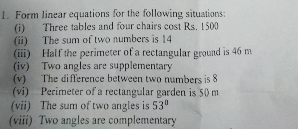 Form linear equations for the following situations: | Filo