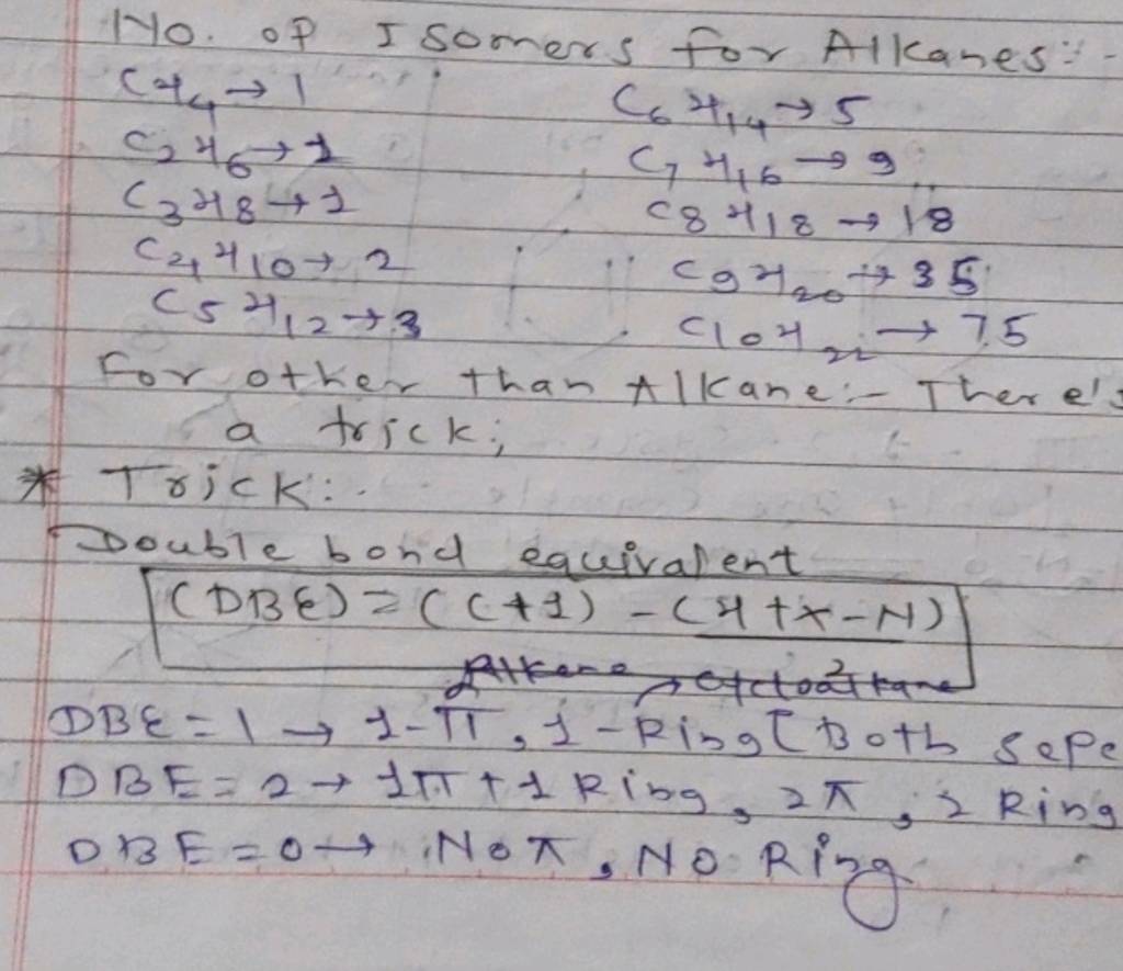 Ho. of Isomers for Alkanes: C4 →1C6 H14 →5C2 H6 →1C7 H16 →9C3 H8 →18 μ18