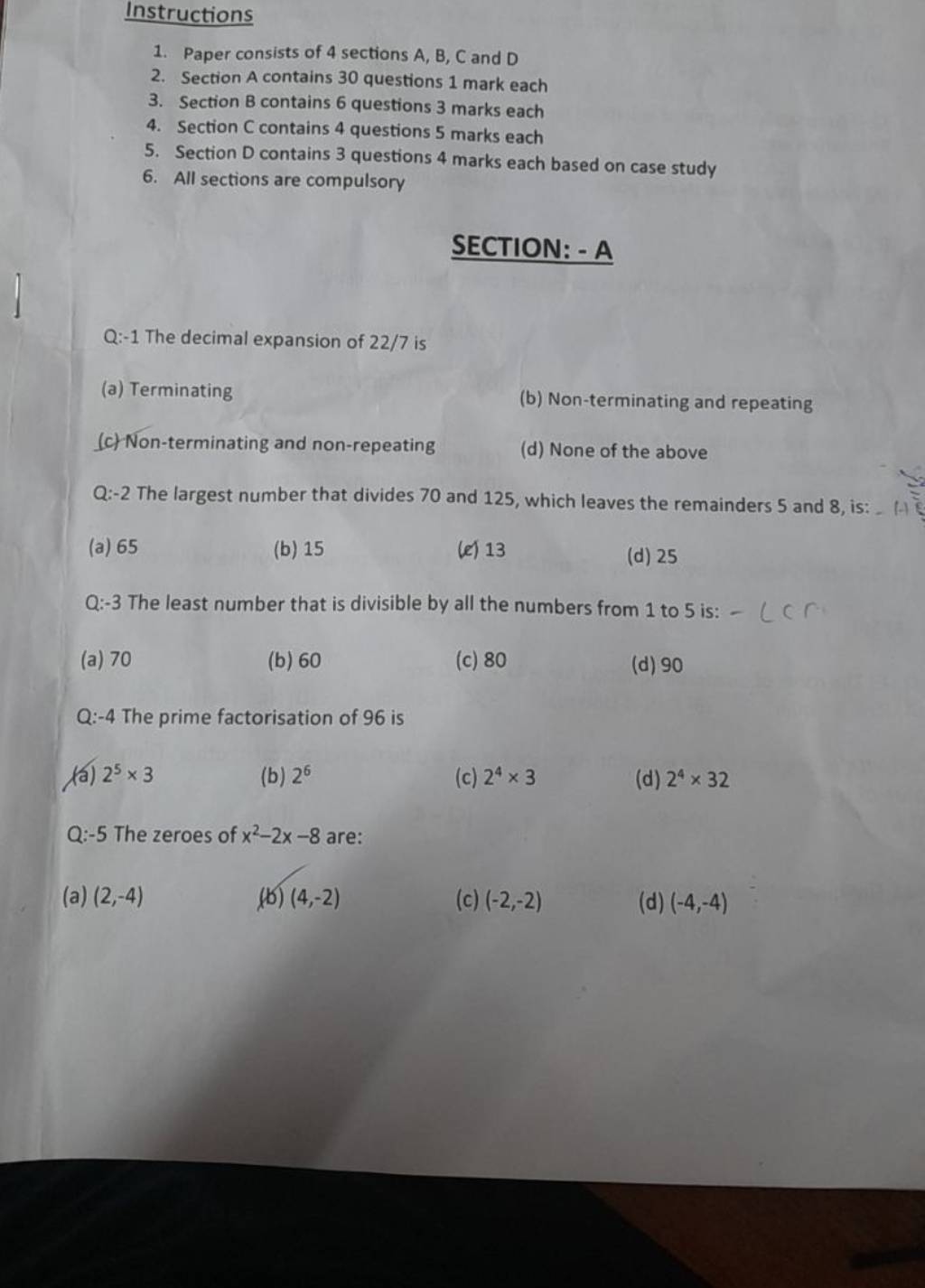 Instructions 1. Paper consists of 4 sections A,B,C and D 2. Section A con..