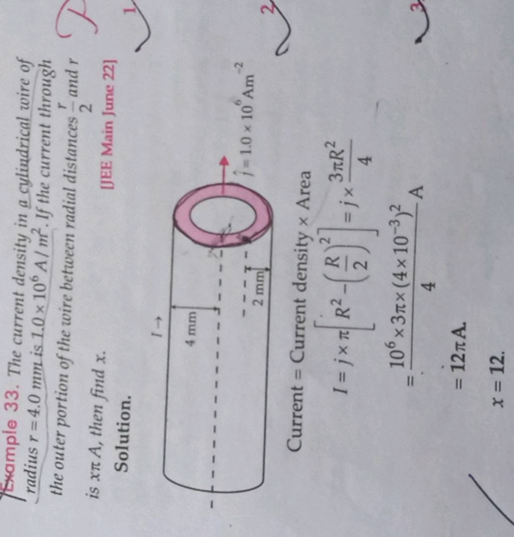 Example 33. The current density in a cylindrical wire of radius r=4.0 mm