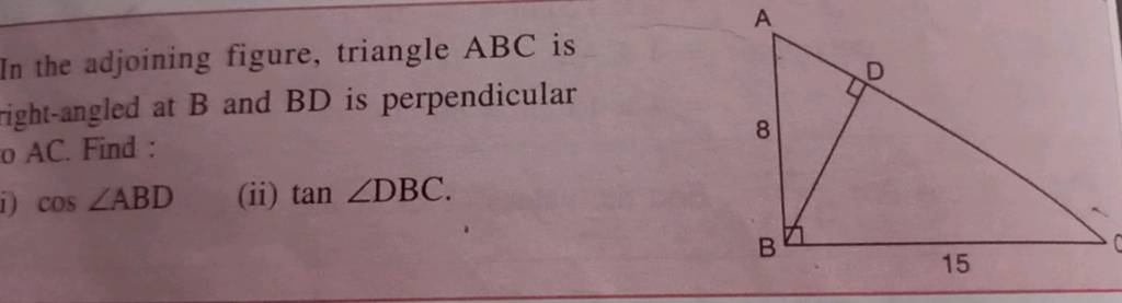 In the adjoining figure, triangle ABC is right-angled at B and BD is perp..