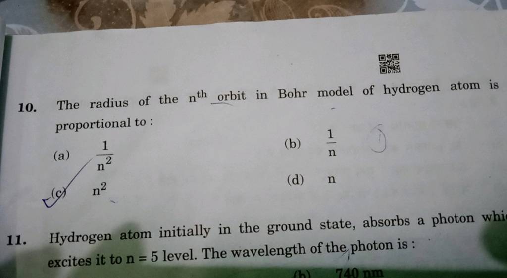 10 The Radius Of The Nth Orbit In Bohr Model Of Hydrogen Atom Is Propor