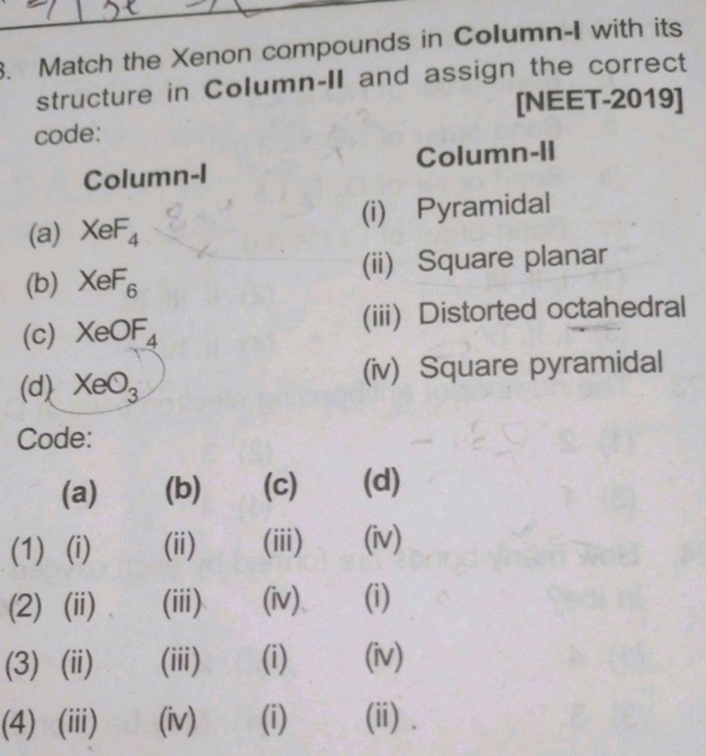 Match The Xenon Compounds In Column I With Its Structure In Column Ii And