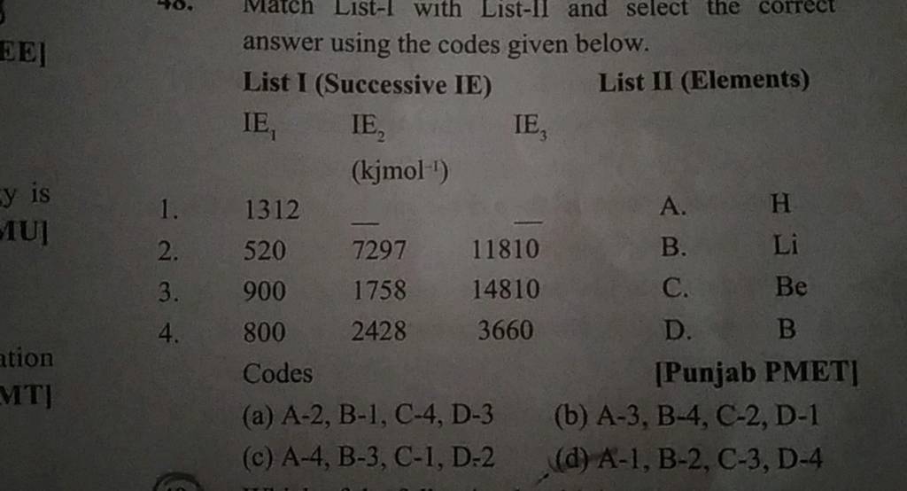 answer using the codes given below. List I (Successive IE) List II (Eleme..