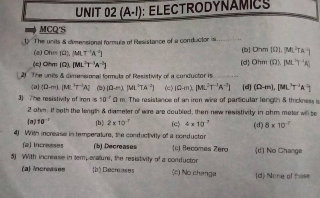 UNIT 02 (A-I): ELECTRODYNAMICS MCQ'S 1) The units \& dimensional formula