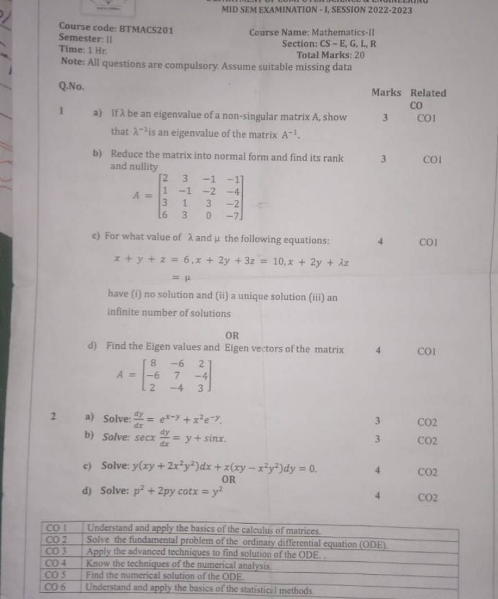 MID SEM EXAMINATION - 1 , SESSION 2022-2023 Course code: BTMACS201 Semest..