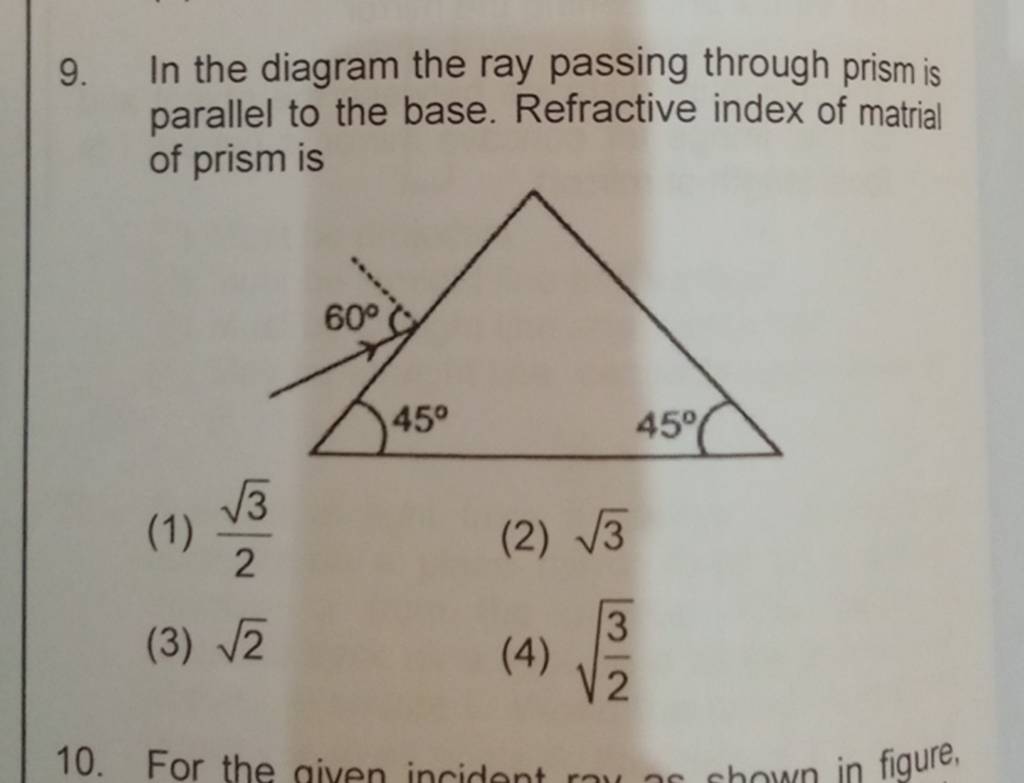 In the diagram the ray passing through prism is parallel to the base. Ref..