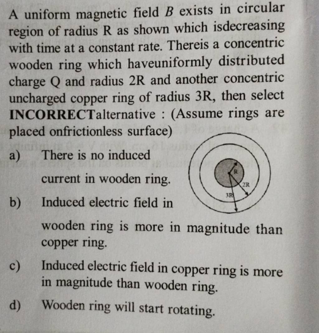 A uniform magnetic field B exists in circular region of radius R as shown..