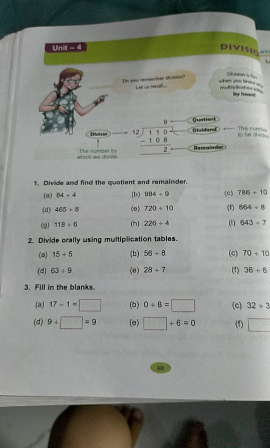 118+6 (h) 226+4 (i) 643+7 2. Divide orally using multiplication tables...