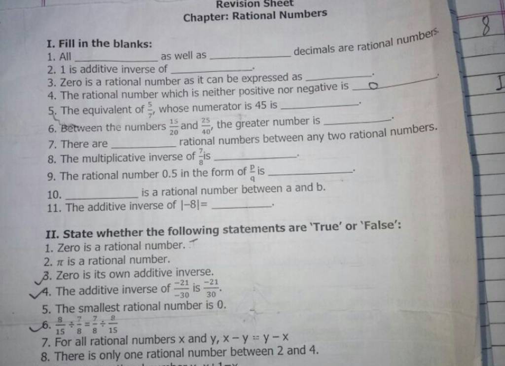Revision Sheet Chapter: Rational Numbers I. Fill in the blanks: | Filo