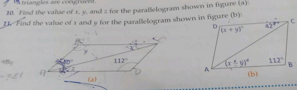 10. Find the value of x,y, and z for the parallelogram shown in figure (a..