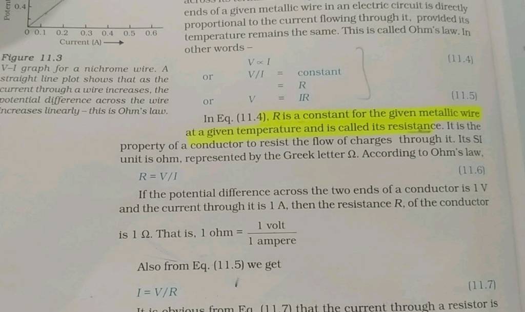 Figure 11.3 V-I graph for a nichrome wire. A straight line plot shows tha..