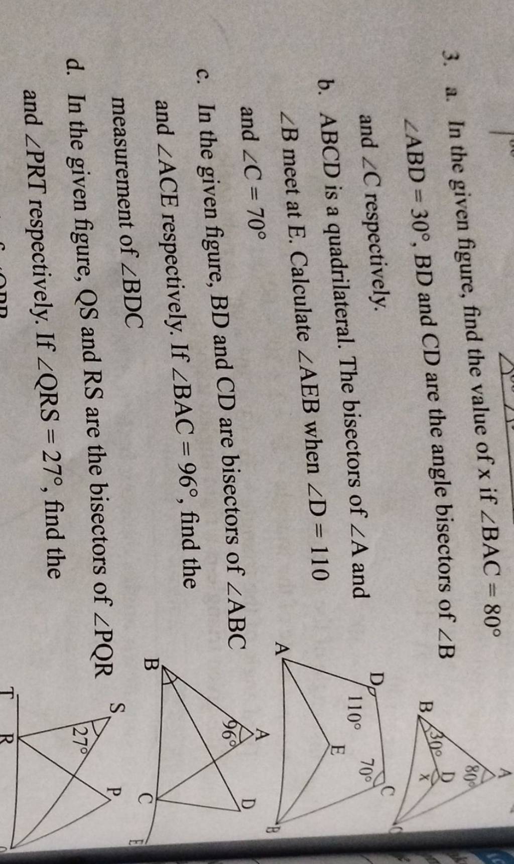 3. a. In the given figure, find the value of x if ∠BAC=80∘ ∠ABD=30∘,BD an..