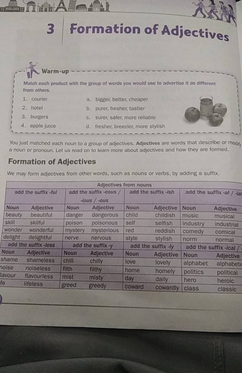 3 Formation of Adjectives Warm-up Match each product with the group of wo..