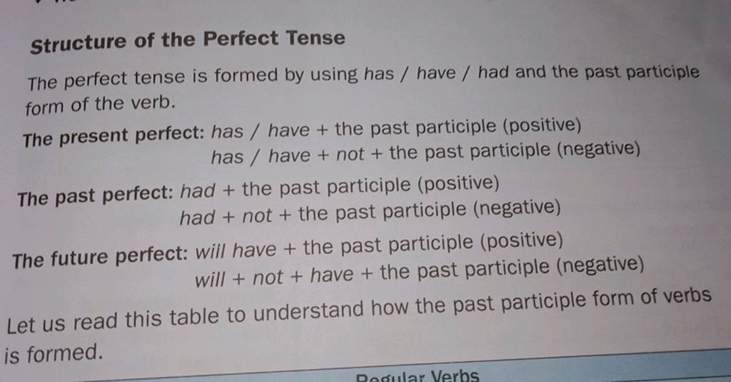 Structure of the Perfect Tense The perfect tense is formed by using has