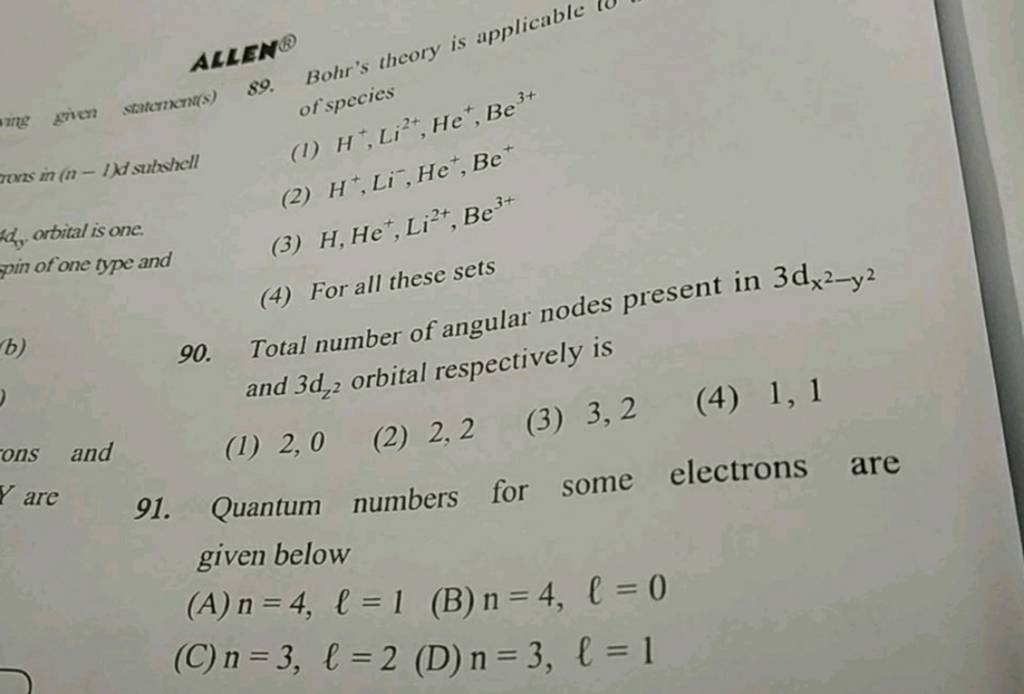 Total number of angular nodes present in 3dx2−y2 and 3dz2 orbital respe..