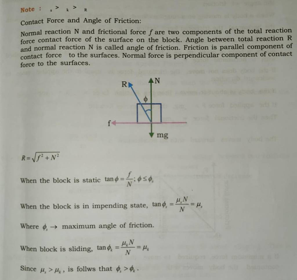 Note : s>k>R Contact Force and Angle of Friction: Normal reaction N and f..
