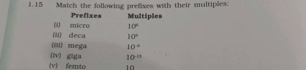 1.15 Match the following prefixes with their multiples: Prefixes Multiple..