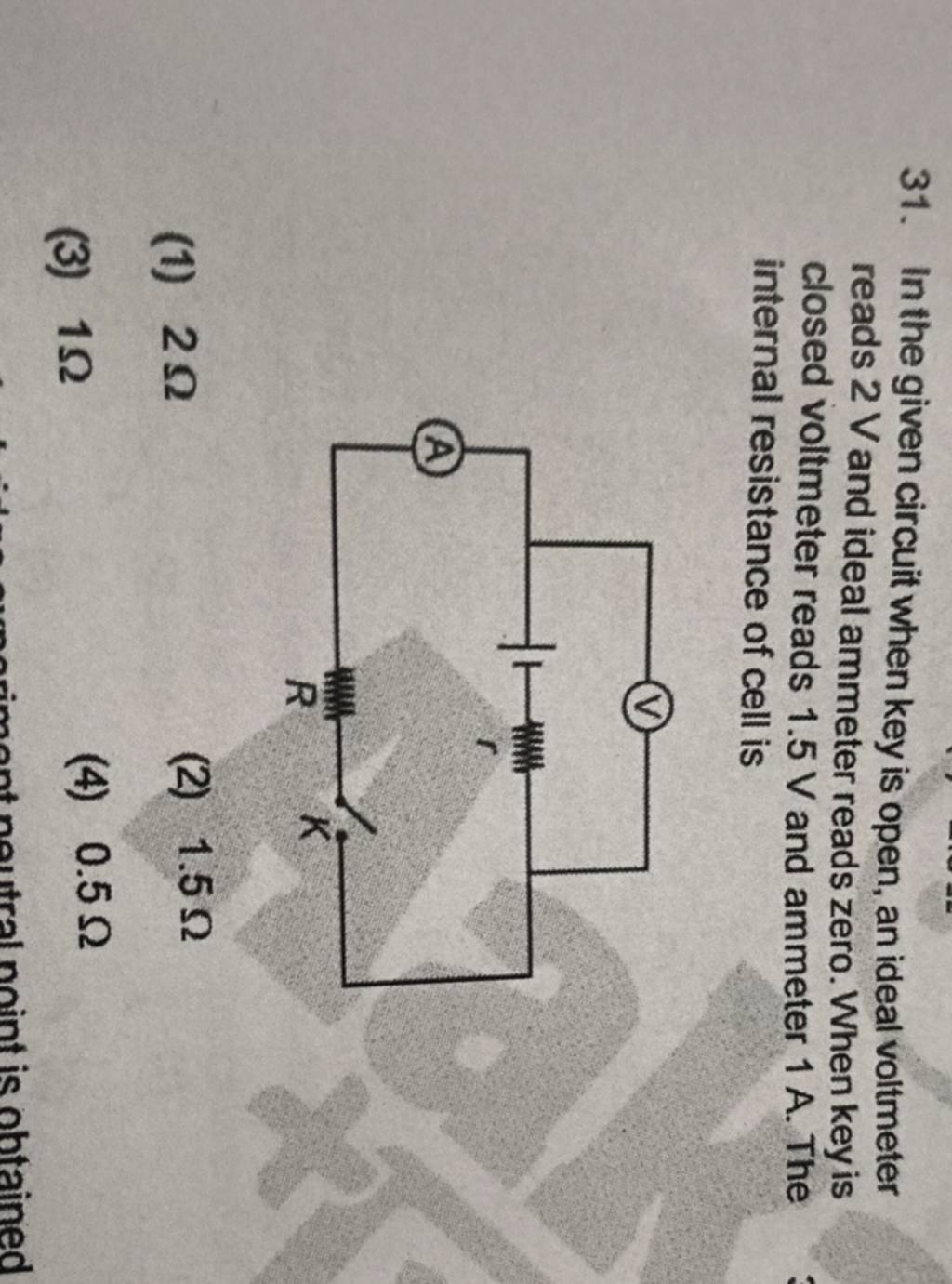 In the given circuit when key is open, an ideal voltmeter reads 2 V and i.. In the given circuit when key is open, an ideal voltmeter reads 2 V and i..