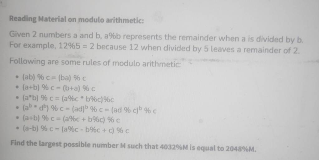Reading Material on modulo arithmetic: Given 2 numbers a and b, a\%b repr.. Reading Material on modulo arithmetic: Given 2 numbers a and b, a\%b repr..