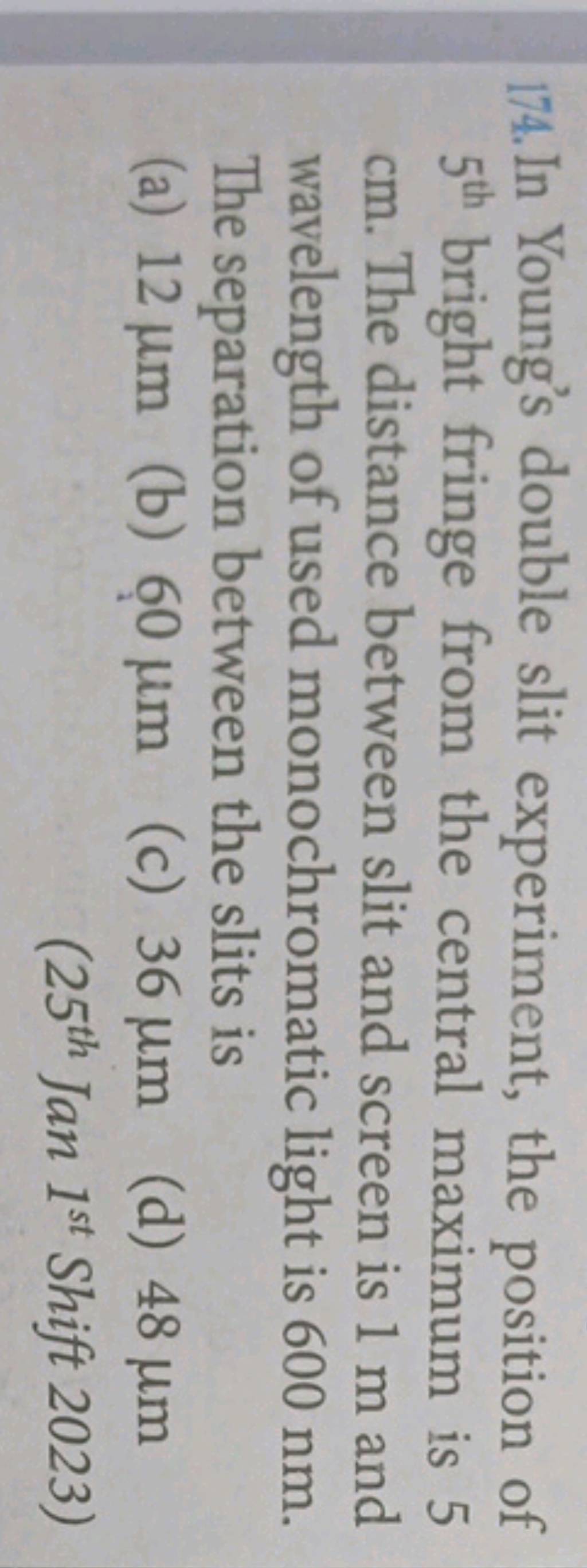 In Young's double slit experiment, the position of 5th bright fringe fro..