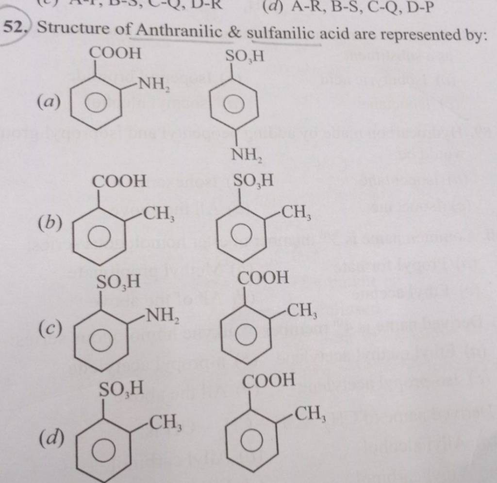 52. Structure of Anthranilic \& sulfanilic acid are represented by: (a) N..