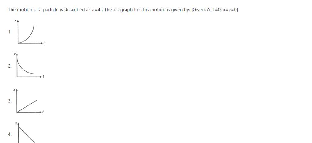 The motion of a particle is described as a=4t. The x−t graph for this mot..