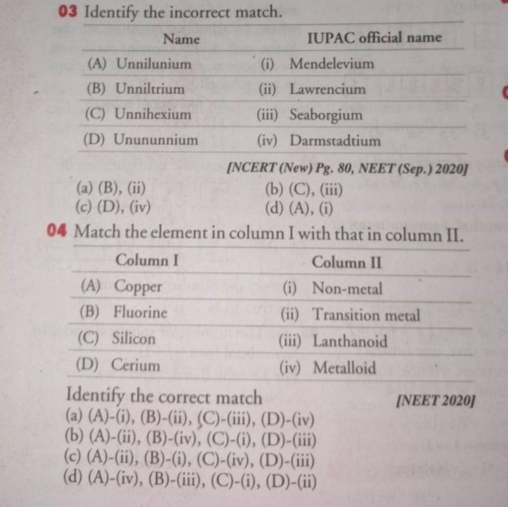 03 Identify the incorrect match. NameIUPAC official name(A) Unnilunium(i)..