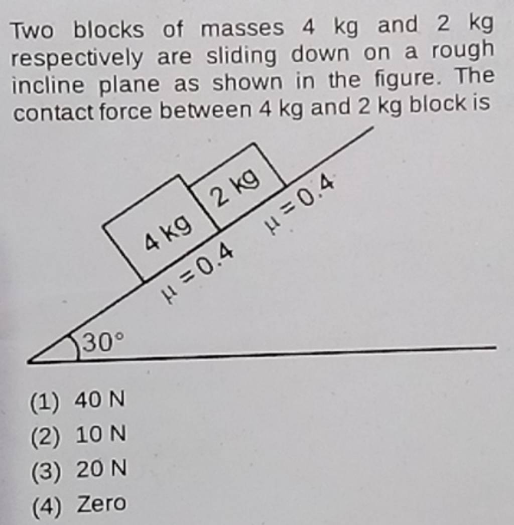 Two blocks of masses 4 kg and 2 kg respectively are sliding down on a rou..