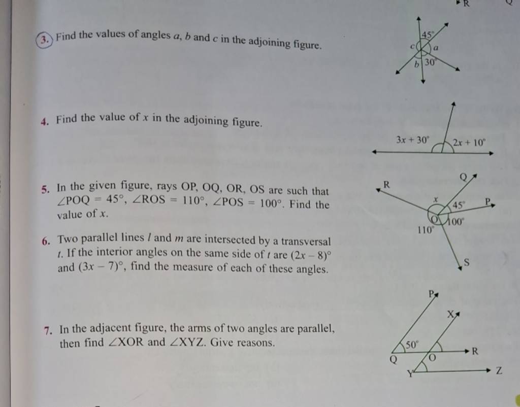 3. Find the values of angles a,b and c in the adjoining figure. | Filo
