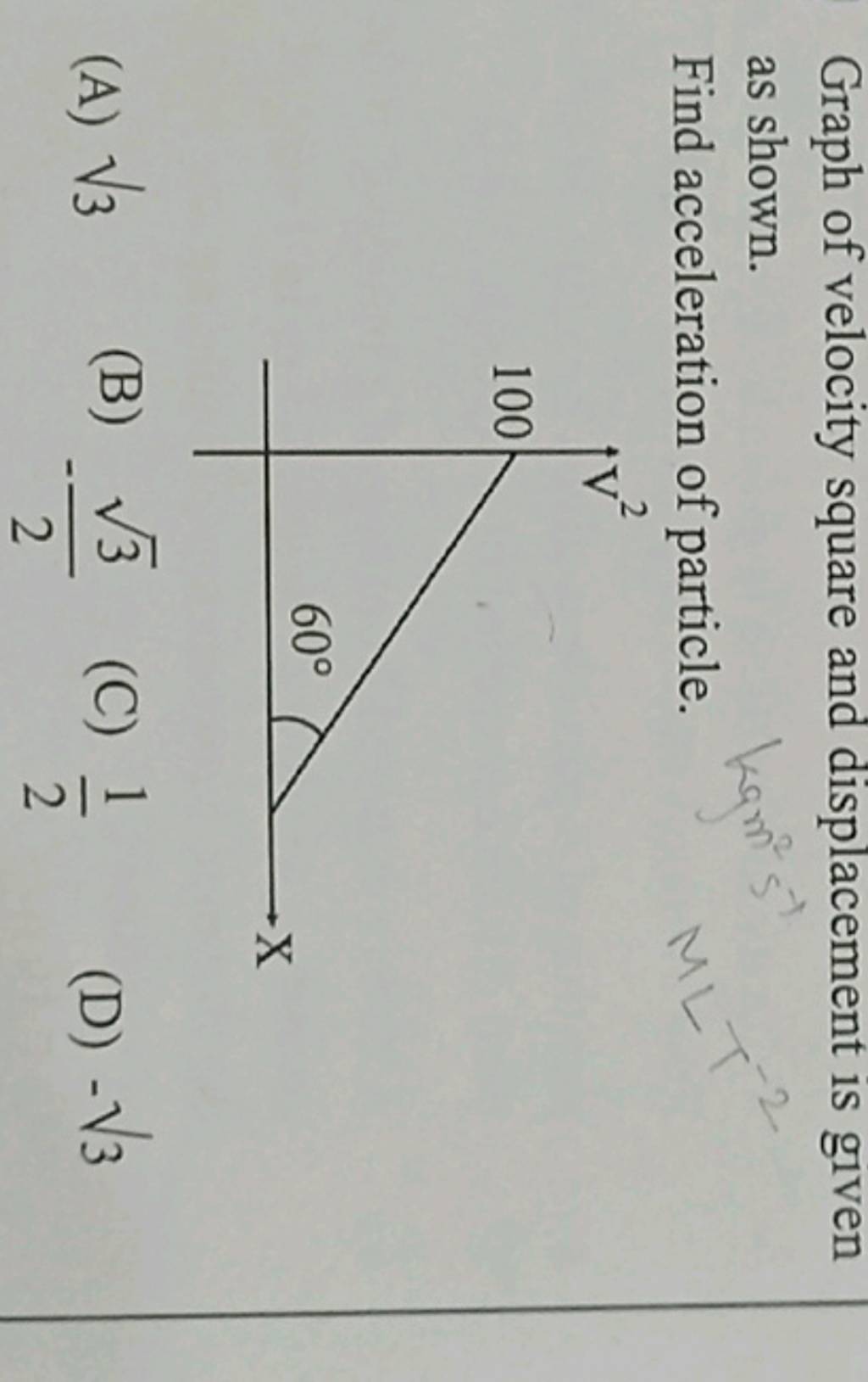 Graph of velocity square and displacement is given as shown. Find acceler..