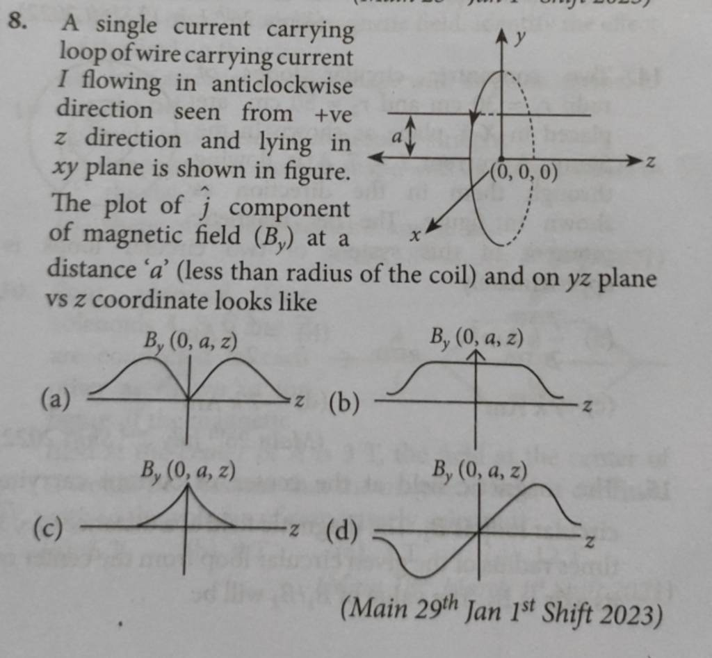 8. A single current carrying loop of wire carrying current I flowing in a..