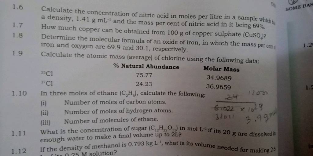 1.6 Calculate the concentration of nitric acid in moles per litre in a sa..