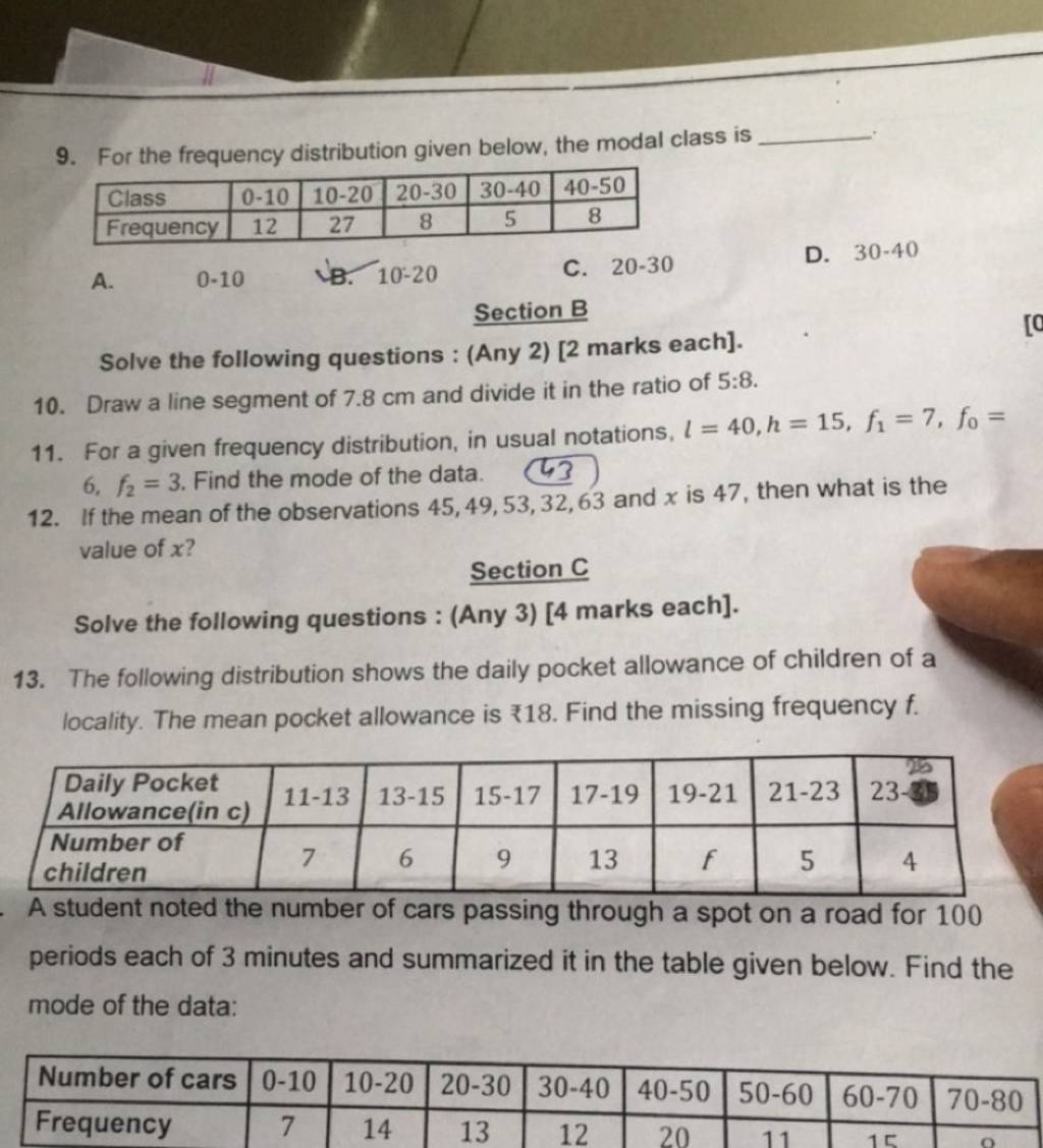 9. For the frequency distribution given below, the modal class is Class0−..