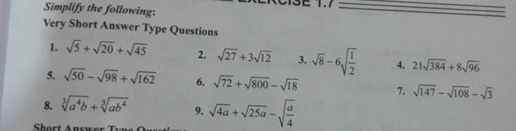 Simplify the following: Very Short Answer Type Questions 1. 5 +20 +45 2...