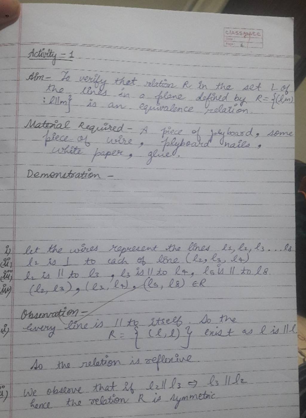 Activity - 1 Sim - Io verify that relation R in the set L of the lines in..