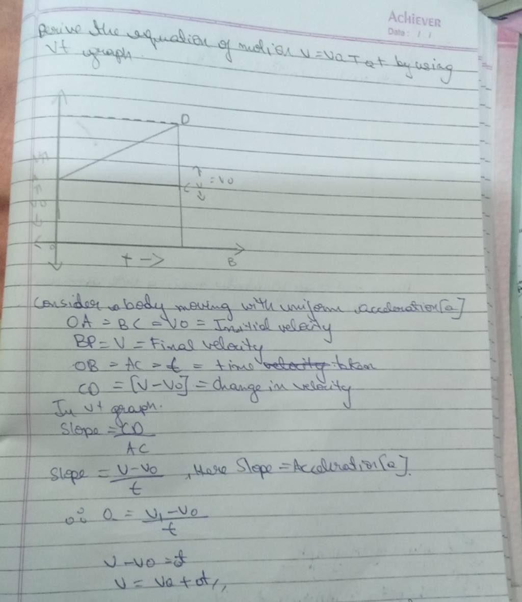 Achiever? Derive the equation of motion V=VQTa + by using Vt graph consid..