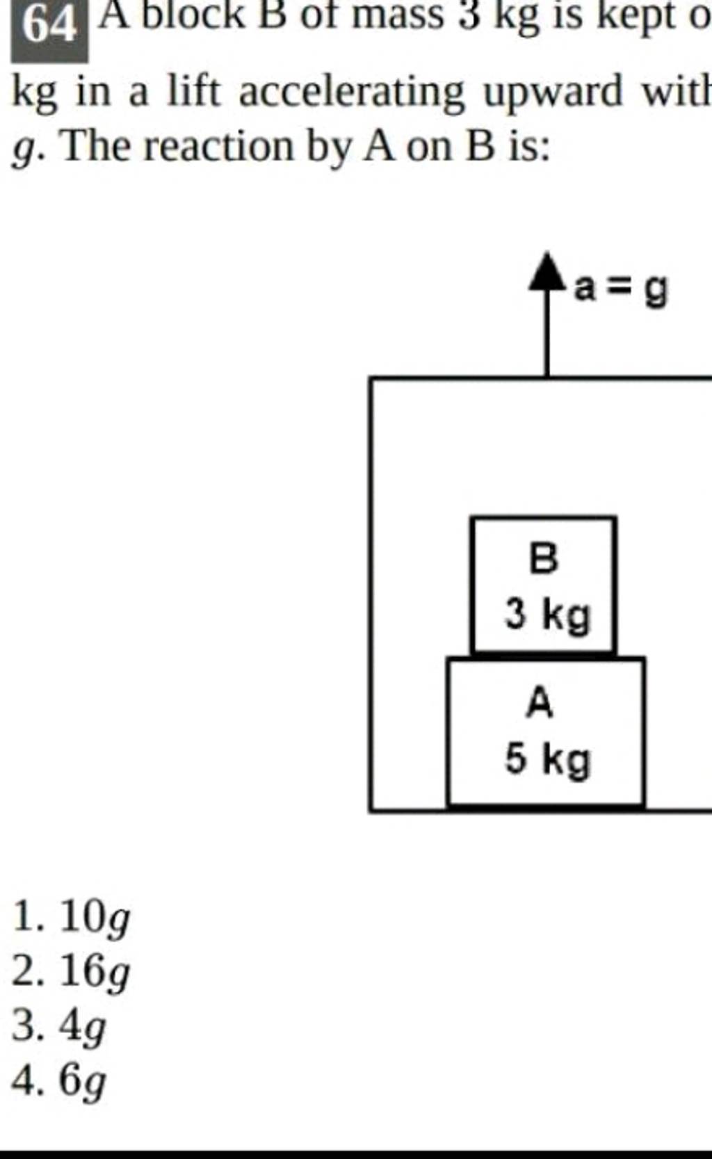 64 A block B of mass 3 kg is kept o kg in a lift accelerating upward witl..