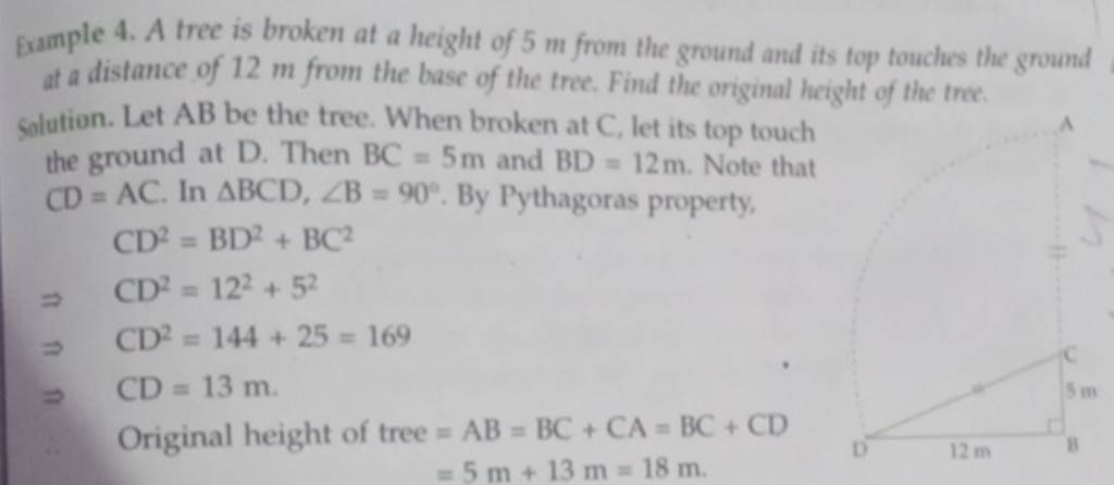 Example 4. A tree is broken at a height of 5 m from the ground and its to..